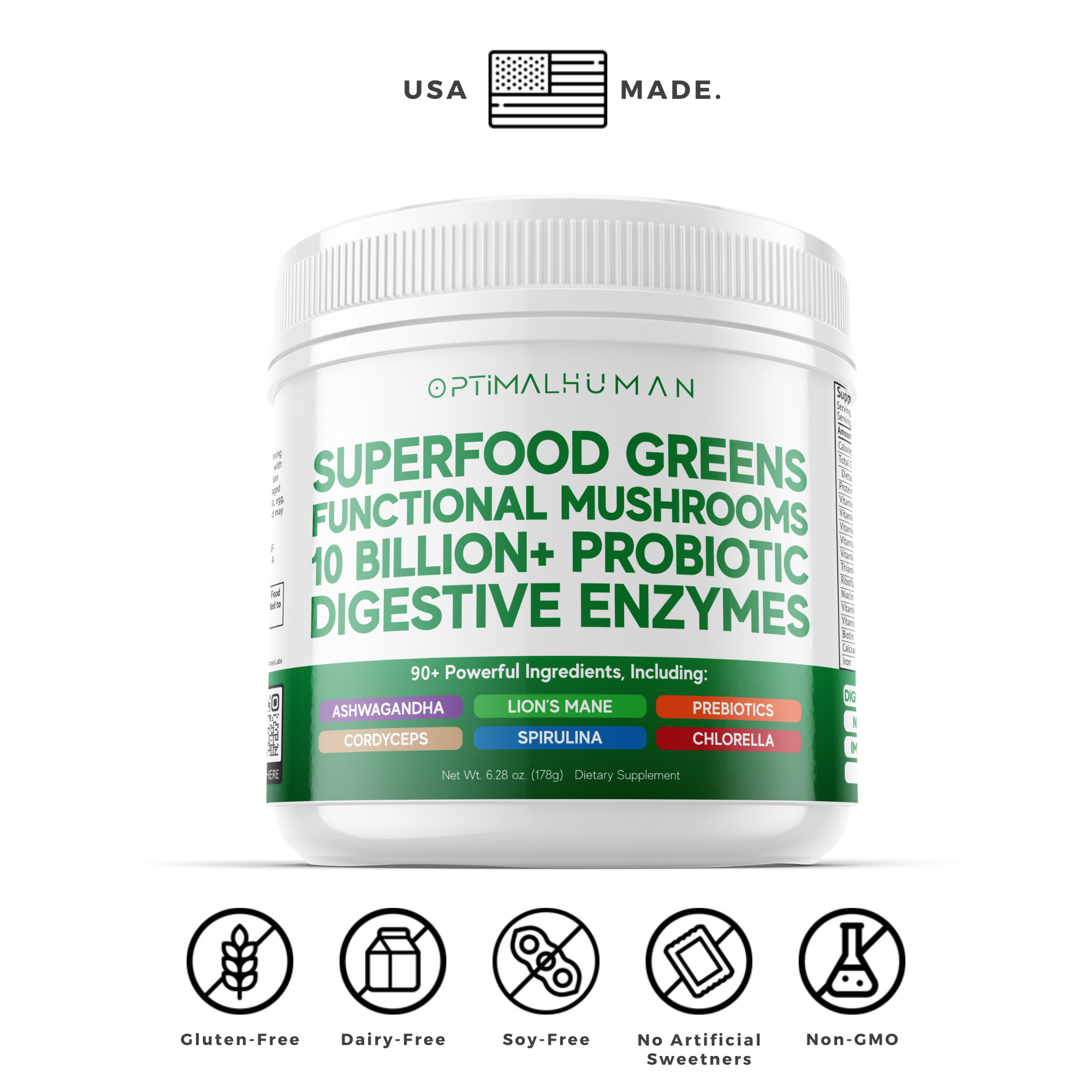 Optimal Human Superfood Greens – Organic Greens, Probiotics & Digestiv